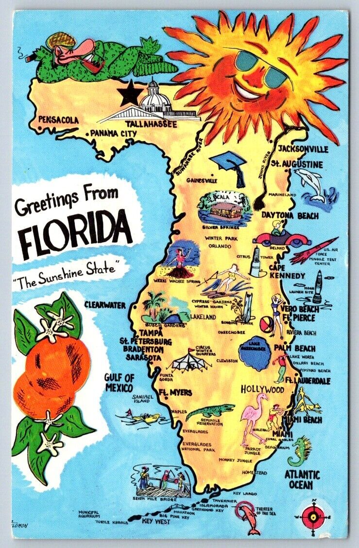 Florida State Map Showing Points Of Interest, Vintage 1967 Chrome ...