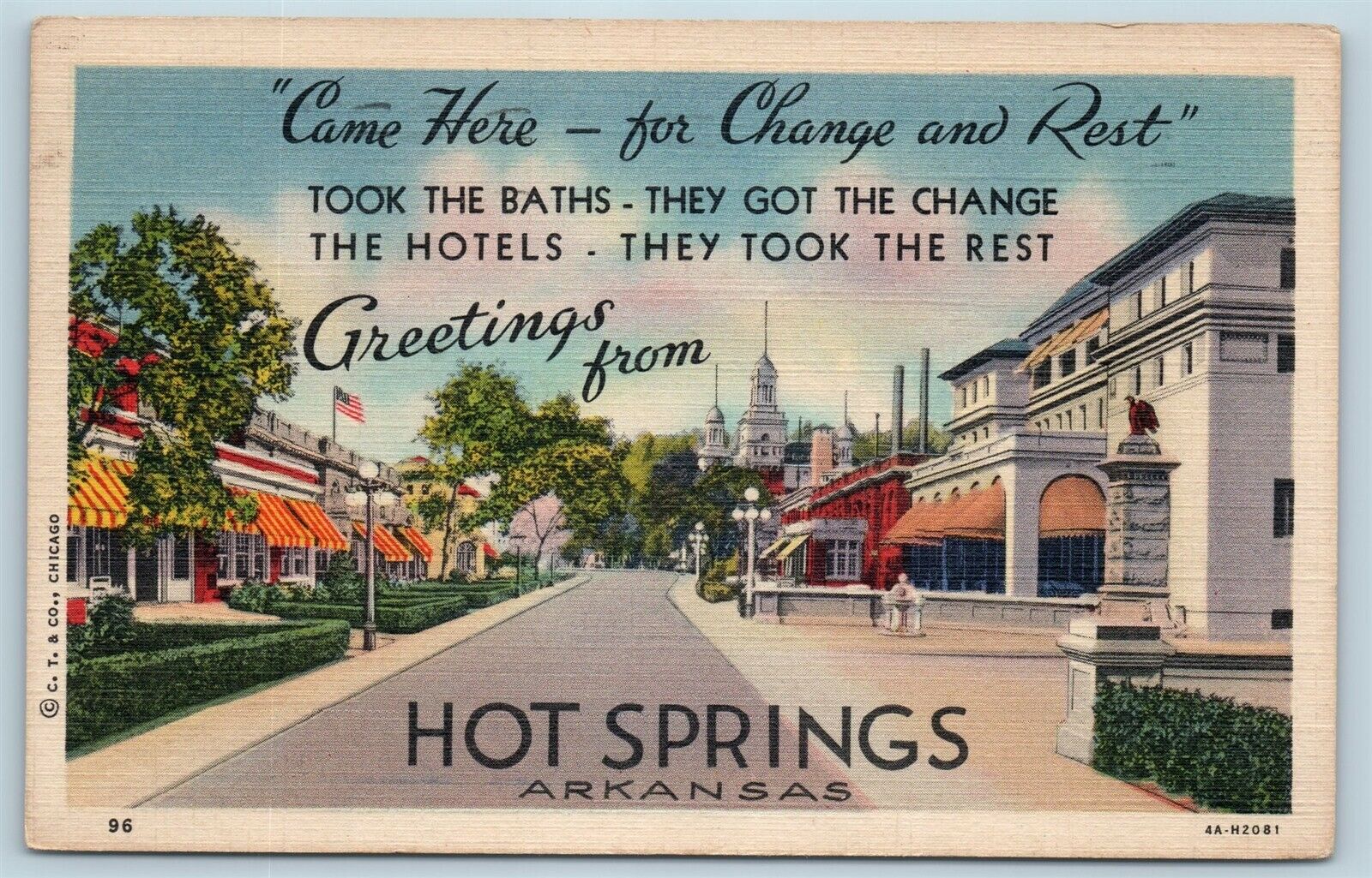 Postcard AR Hot Springs Greetings Street View Came Here For Change Rest ...