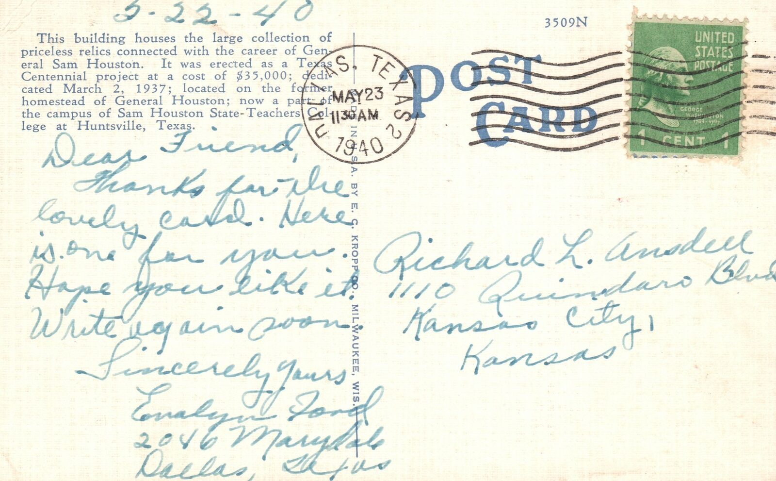 Vintage Postcard 1940 General Sam Houston Memorial Museum Large ...