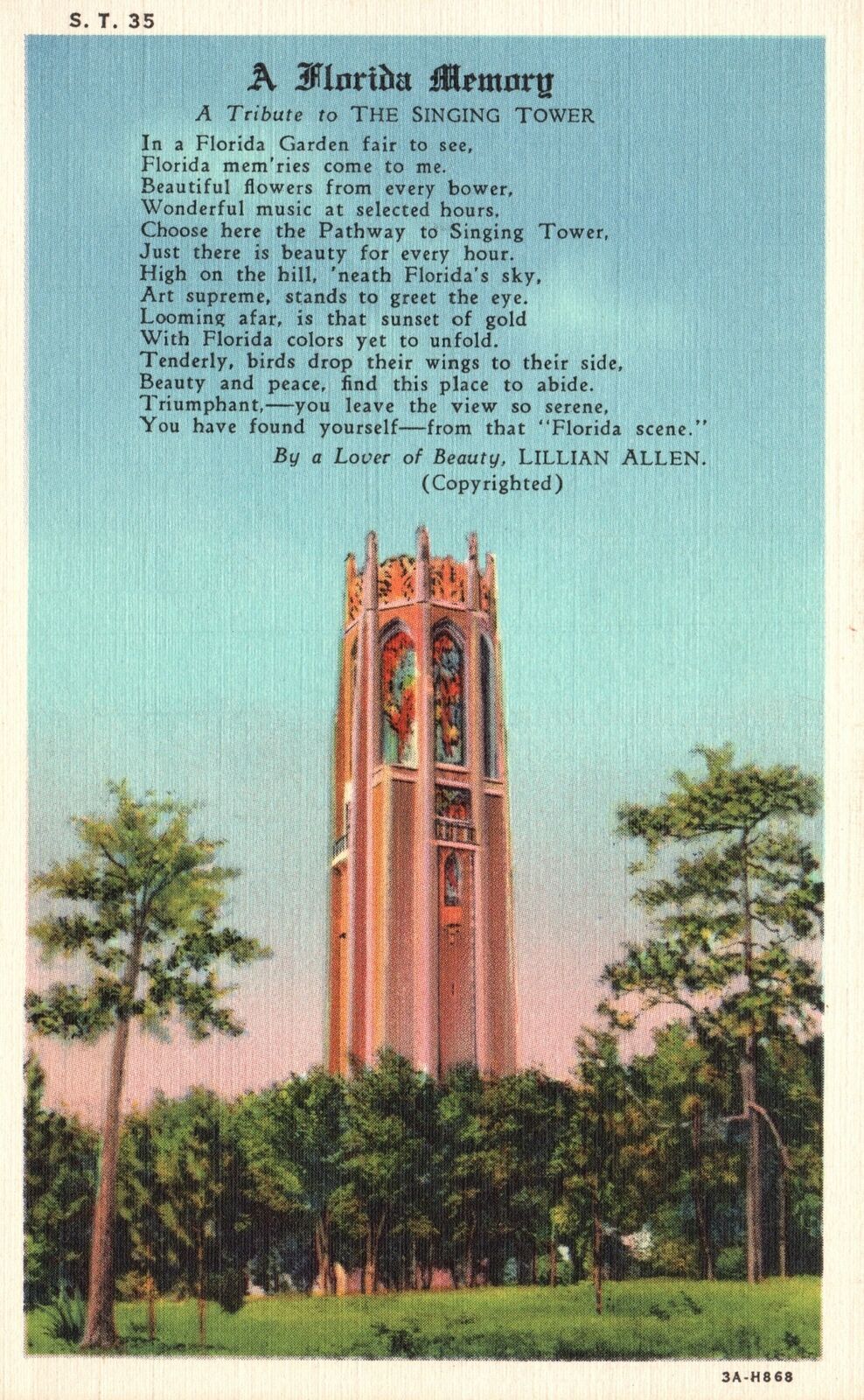 Vintage Postcard Florida Memory A Tribute To The Singing Tower Building ...