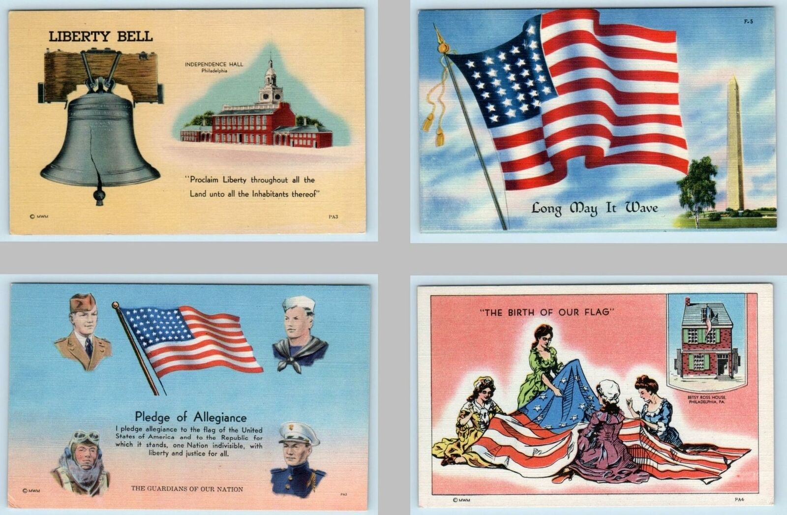 4 PATRIOTIC Postcards ~ Flags, PLEDGE OF ALLEGIANCE, Liberty Bell ...