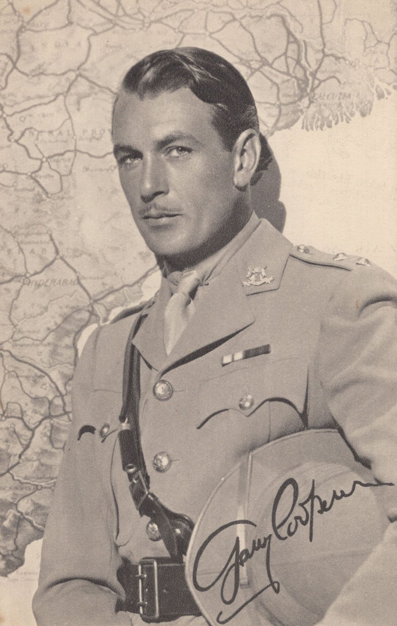 Gary Cooper In Military Army Uniform Map Printed Signed Old Postcard ...