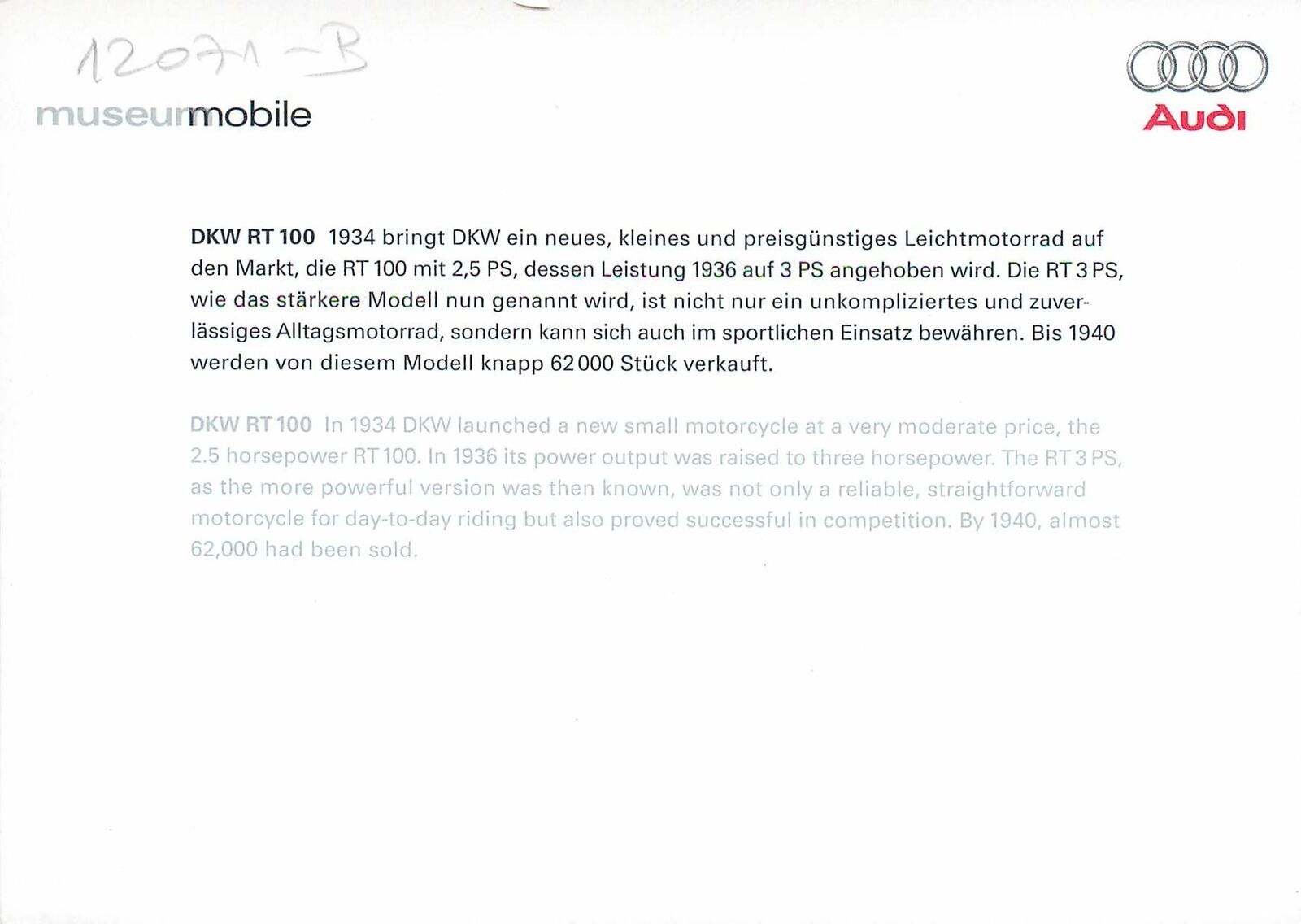 Audi logo Museum mobile Postcard DKW RT 100 1934 model motorcycle ...