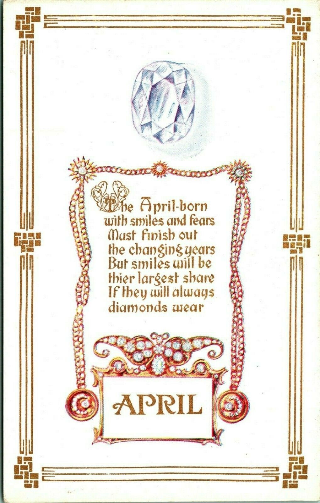 April Born Birthday Birthstone Month Poem UNP Art Deco DB Postcard E7 ...