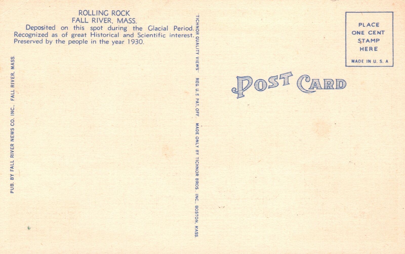 Vintage Postcard Rolling Rock During The Glacial Period Fall River ...