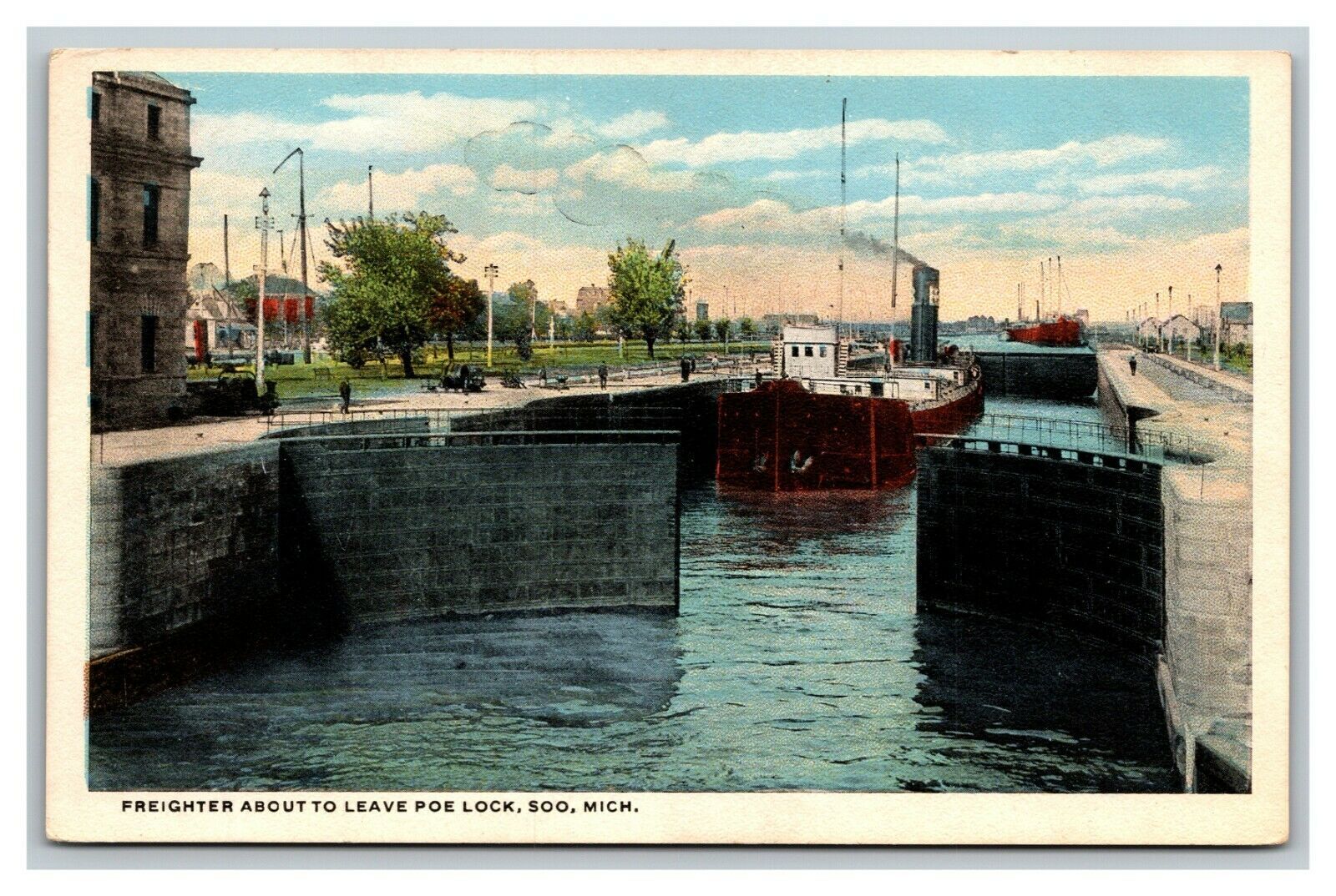 Vintage 1930's Postcard Freighter Leaving Poe Lock in Soo Michigan ...