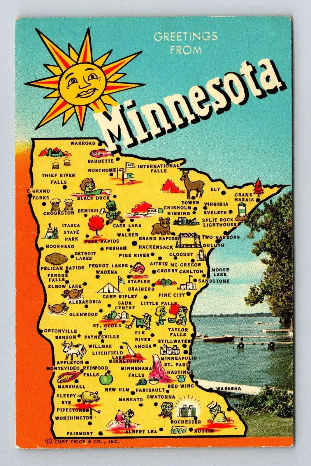 MN- Minnesota, Scenic Map Greetings, Landmarks, Chrome Postcard ...