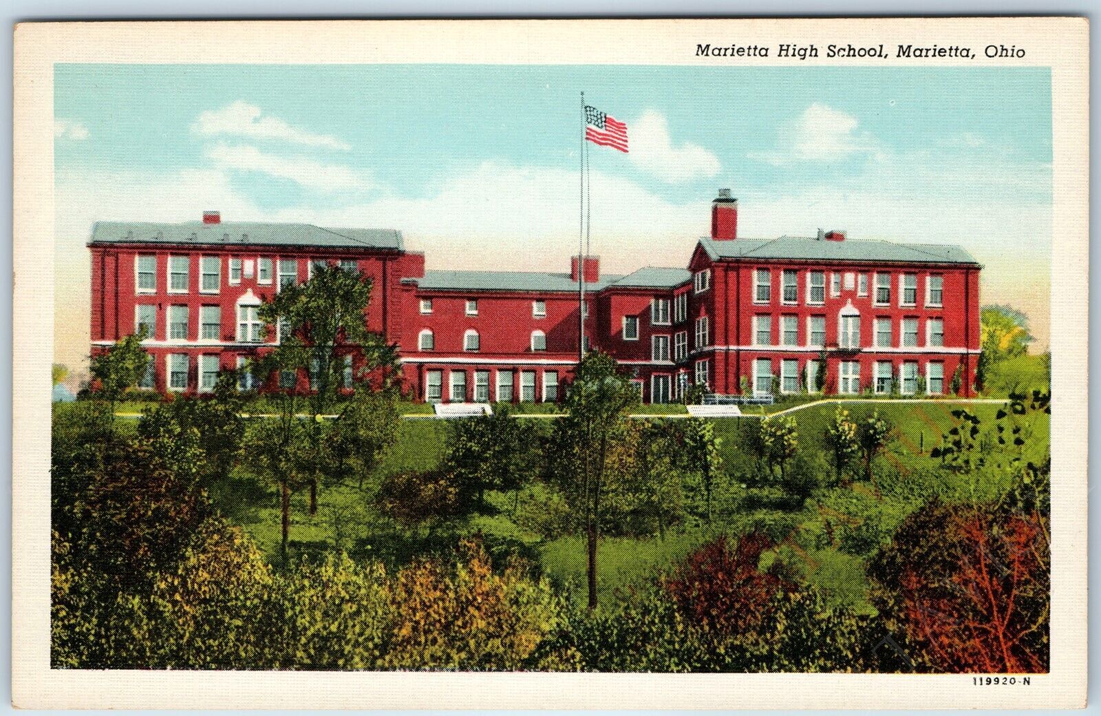 1928 Marietta, OH High School Building Linen PC Kelly News Stationery ...