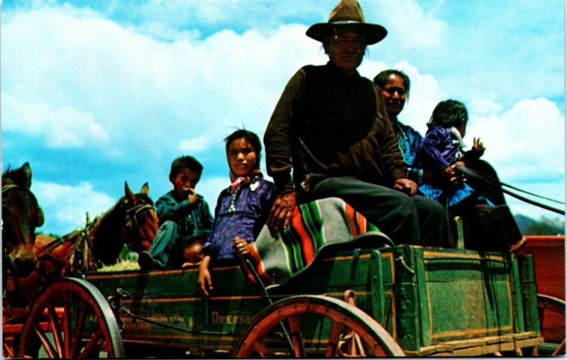 Vintage Navajo Indian Family In Wagon Chrome Native American Postcard ...