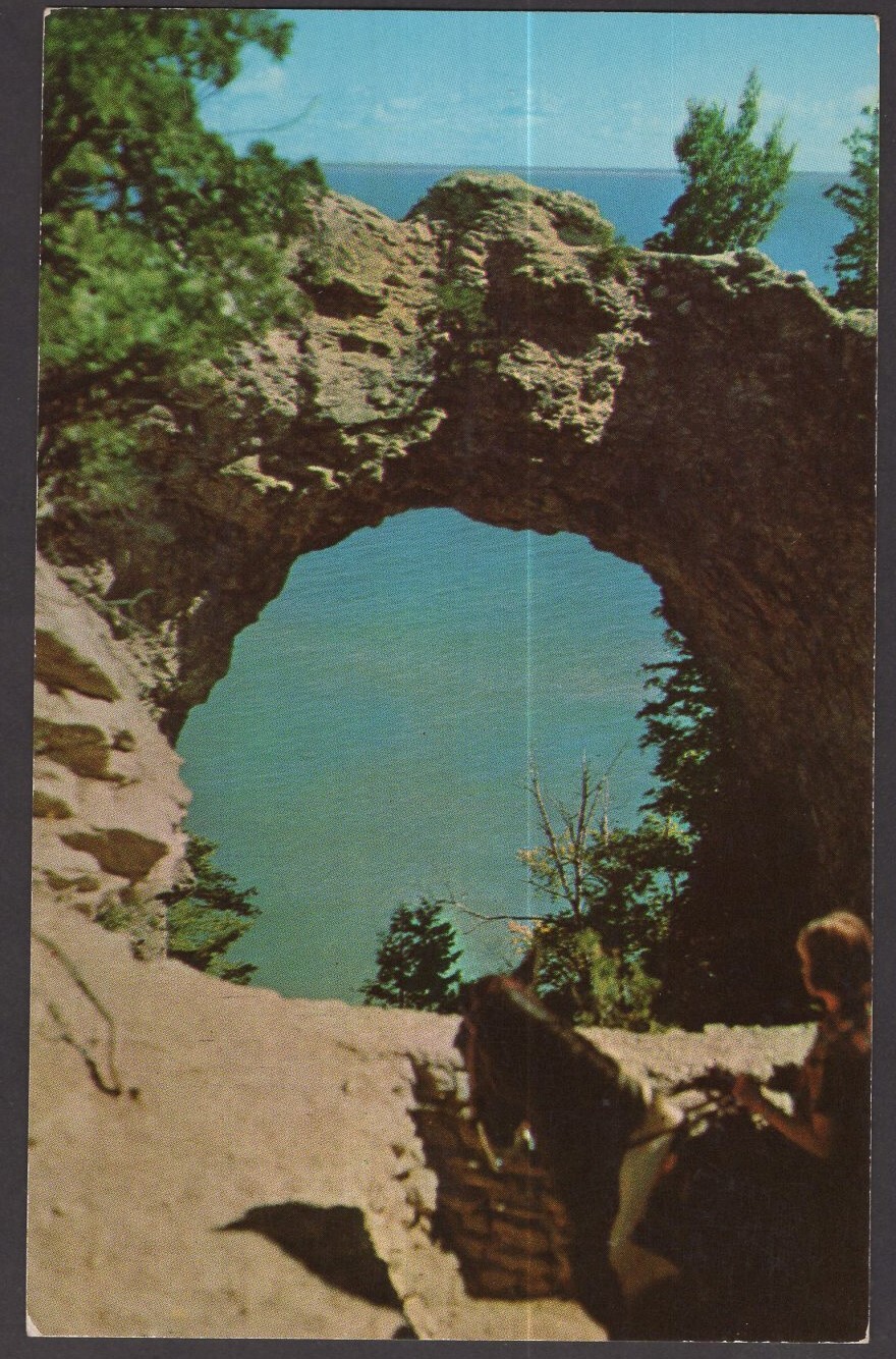Michigan MACKINAC ISLAND Limestone Arch Rock Lake Huron ~ Chrome ...