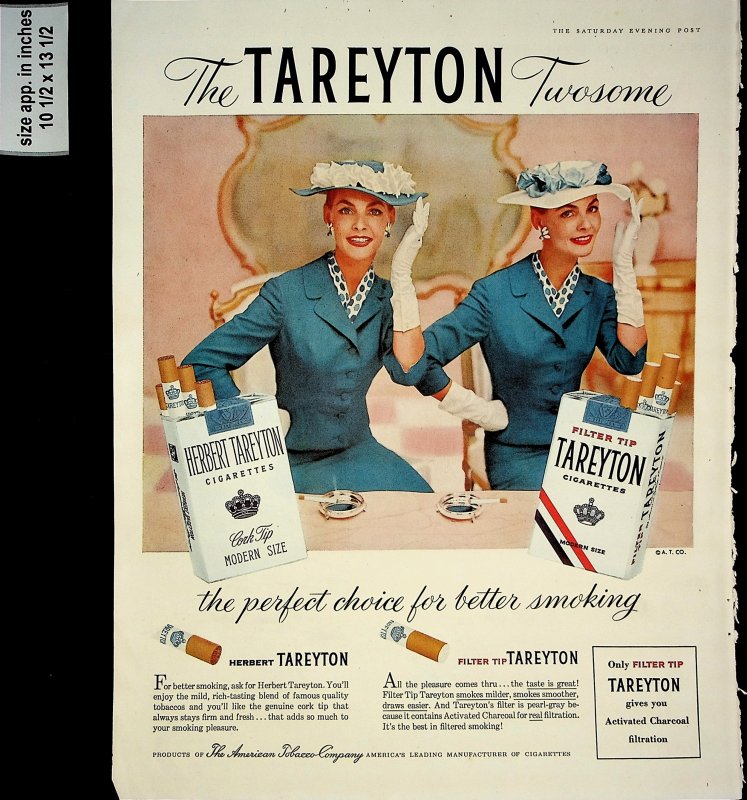 1956 Tareyton Cigarettes Woman Twins (?) Vintage Print AD 8119 ...