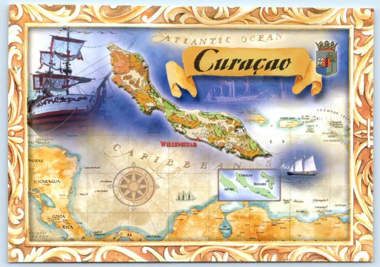 CURACAO ~ Caribbean Island ILLUSTRATED MAP ~ 4"x6" Cartograph Postcard ...