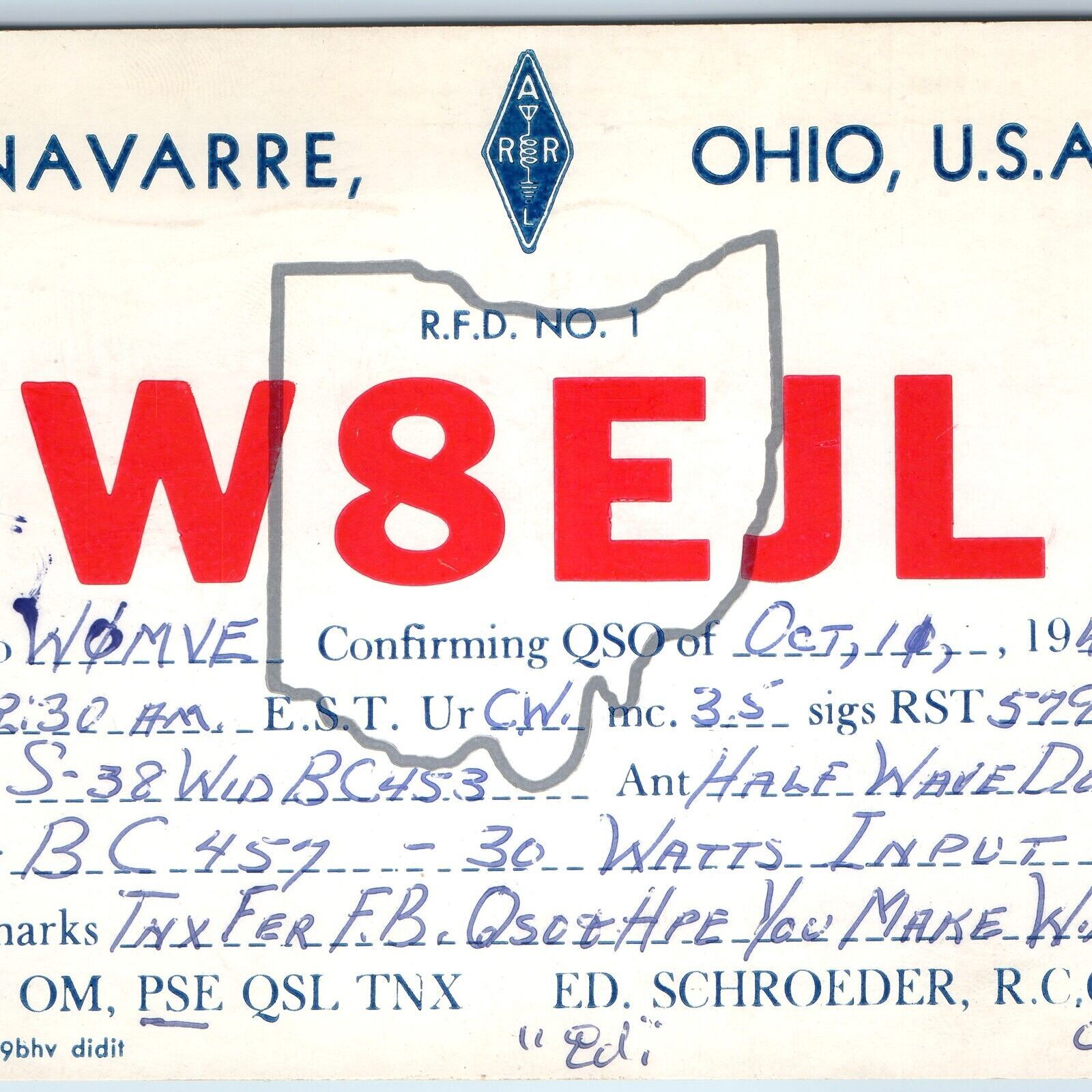 c1940s Navarre, OH Radio Tower Art QSL Ham Radio Card Schroeder Simple ...