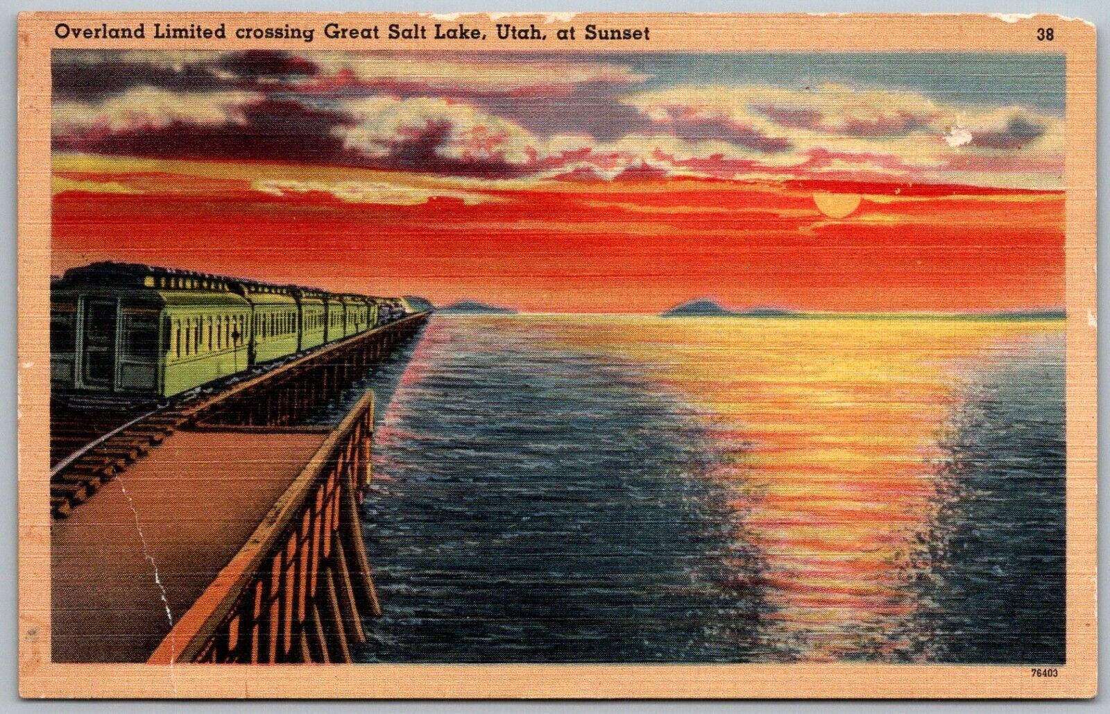 Great Salt Lake Utah 1945 Postcard Overland Limited Train Crossing ...