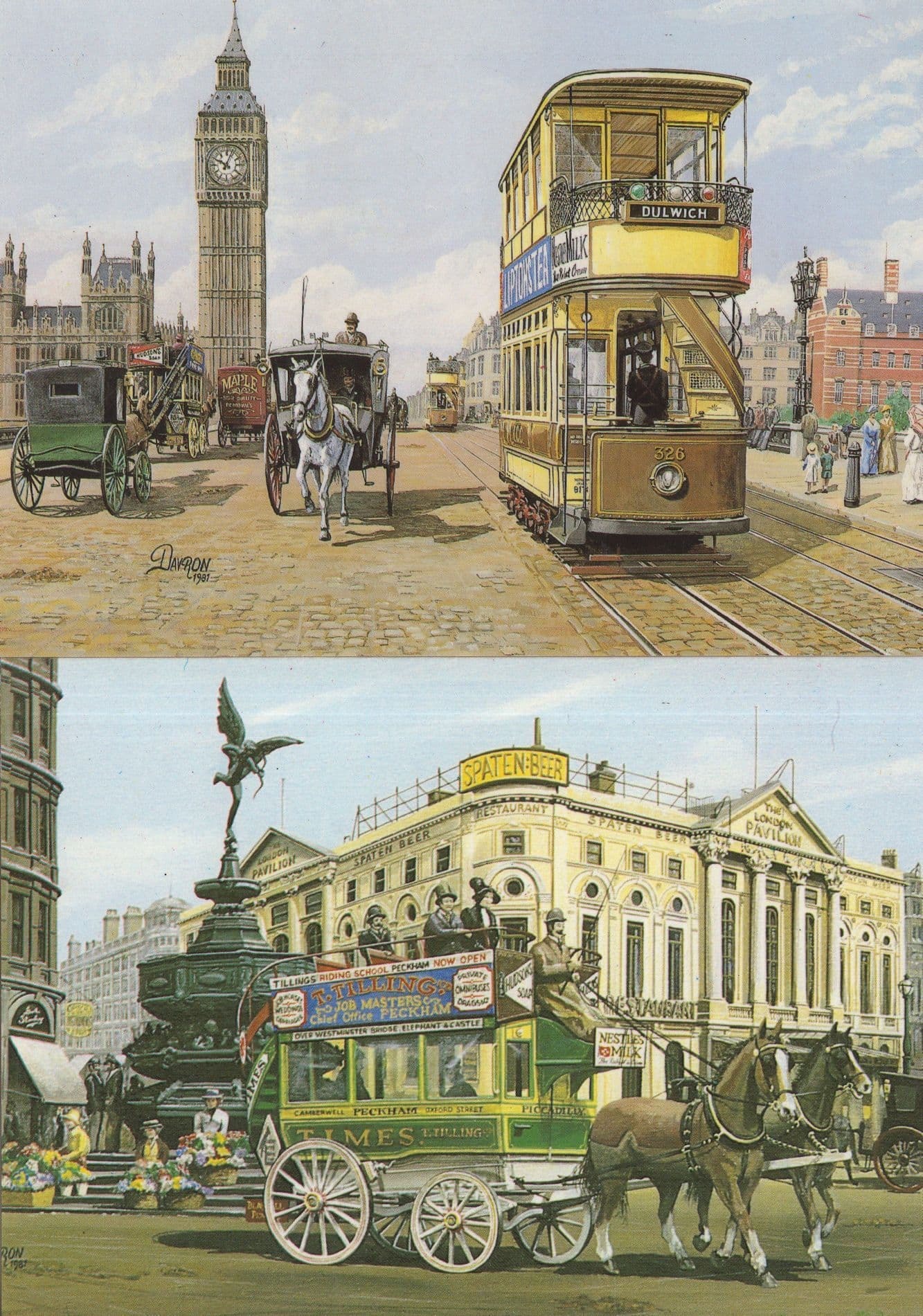 Dulwich Bus Tram in 1907 London Piccadilly Circus 2x Postcard s ...