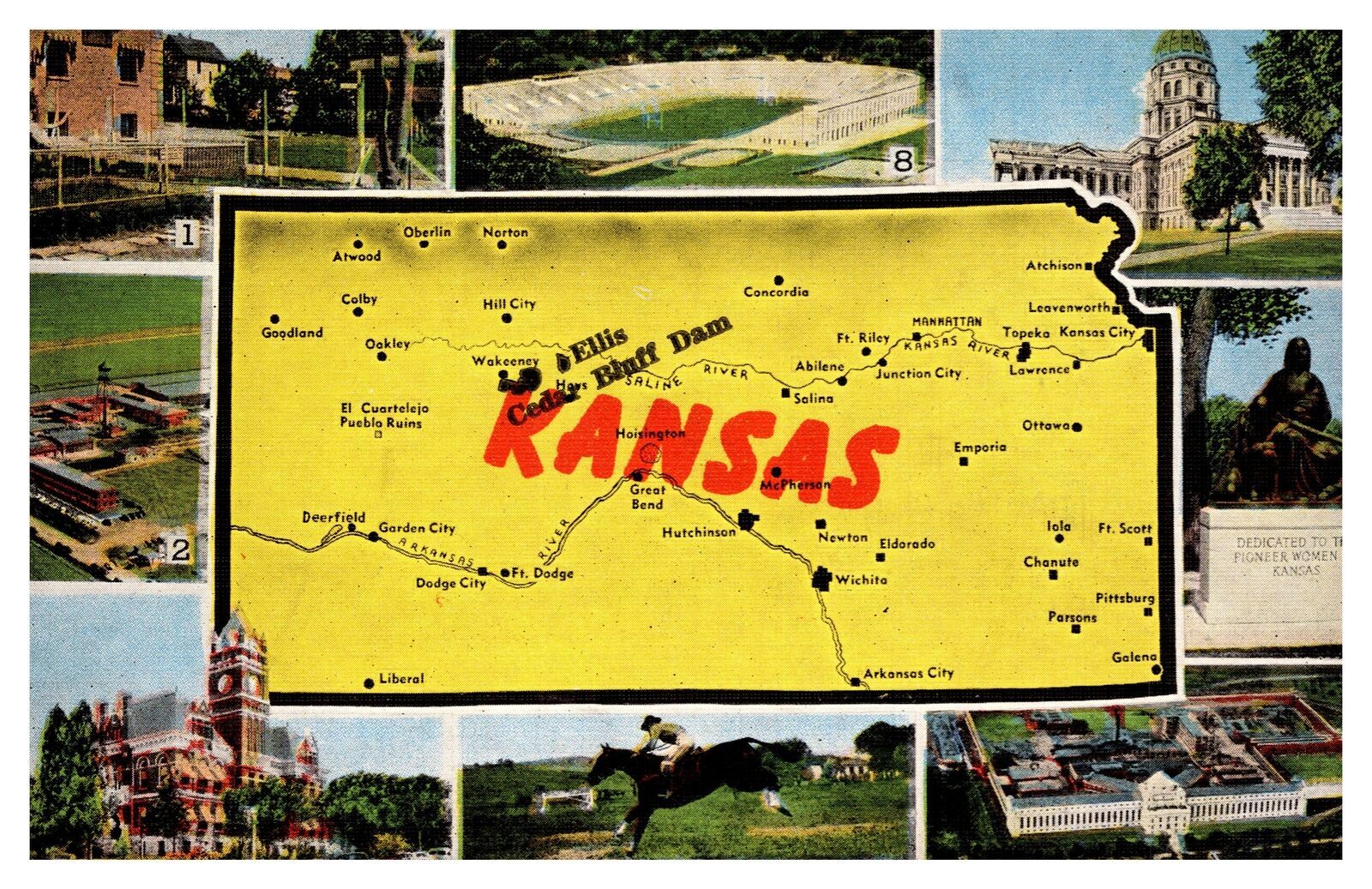 Postcard Map KS - Kansas State Mapcard - Ellis Cedar Bluff Dam | United ...