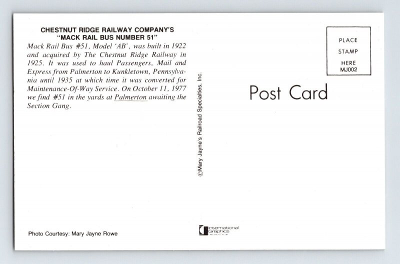 Postcard Railroad Train Chestnut Ridge Mack Rail Bus Model AB 1970s ...