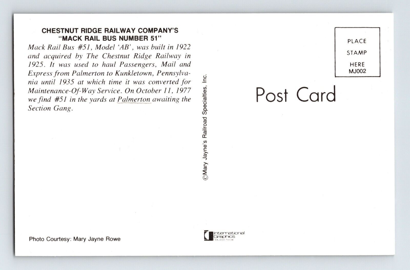 Postcard Railroad Train Chestnut Ridge Mack Rail Bus Model AB 1970s ...