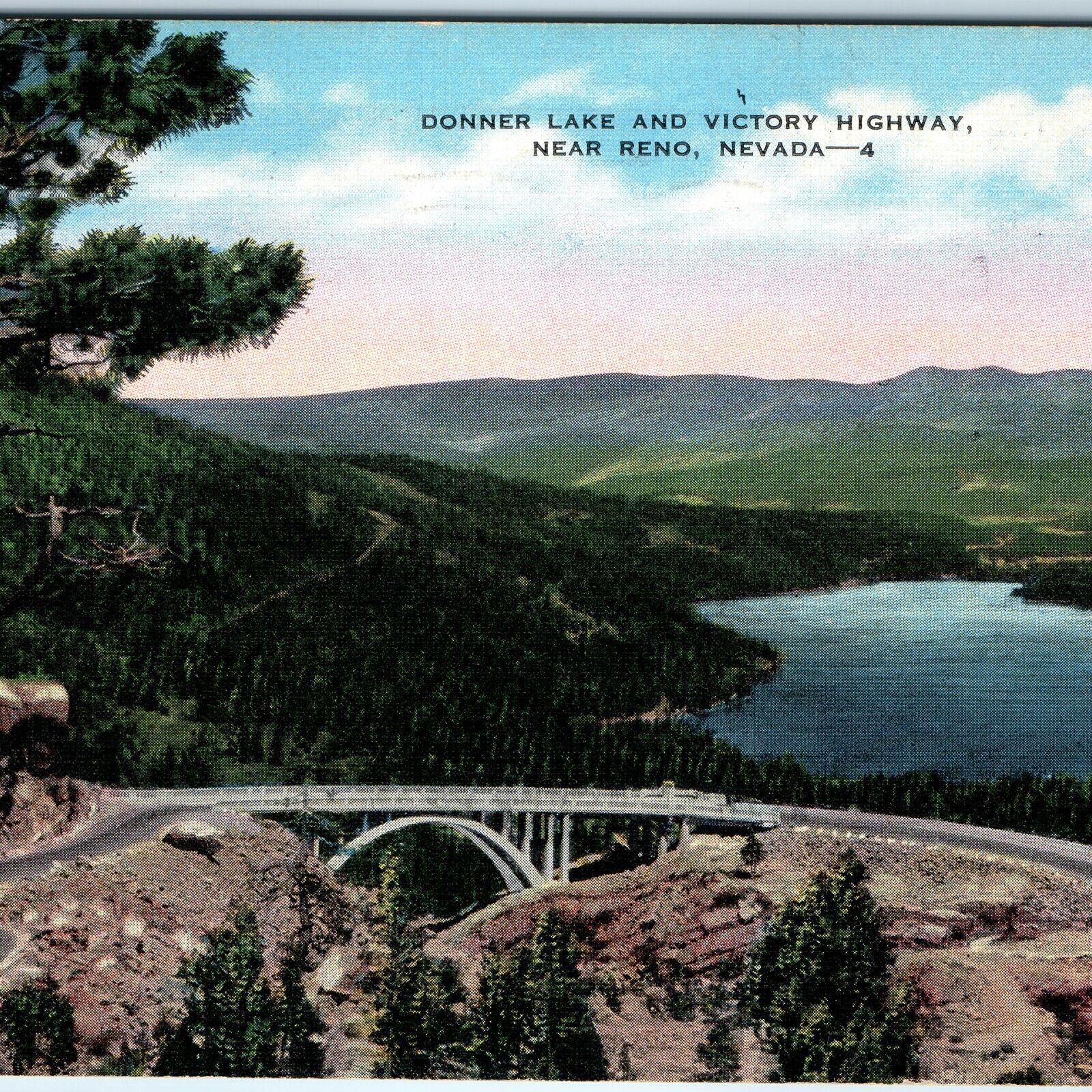 c1940s Reno, NV Donner Lake Victory Highway Bridge Aerial Linen PC ...