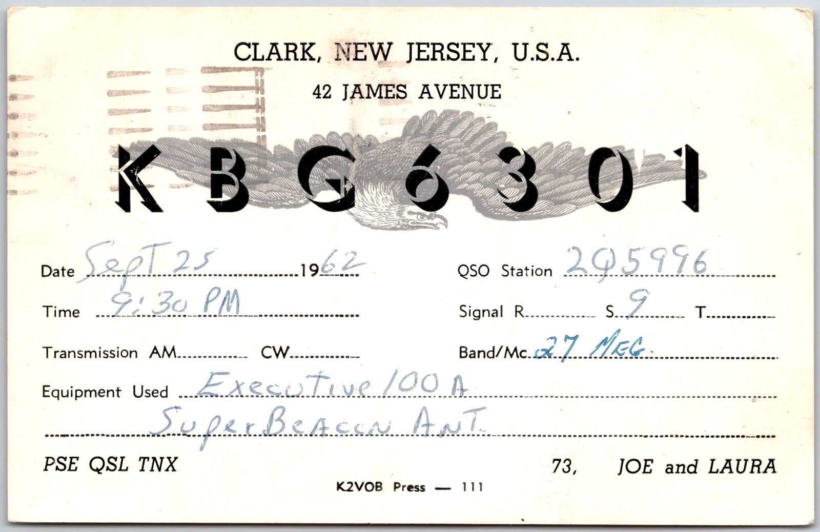 1962 QSL Radio Card KB6301 Clark NJ Amateur Radio Station, Vintage ...