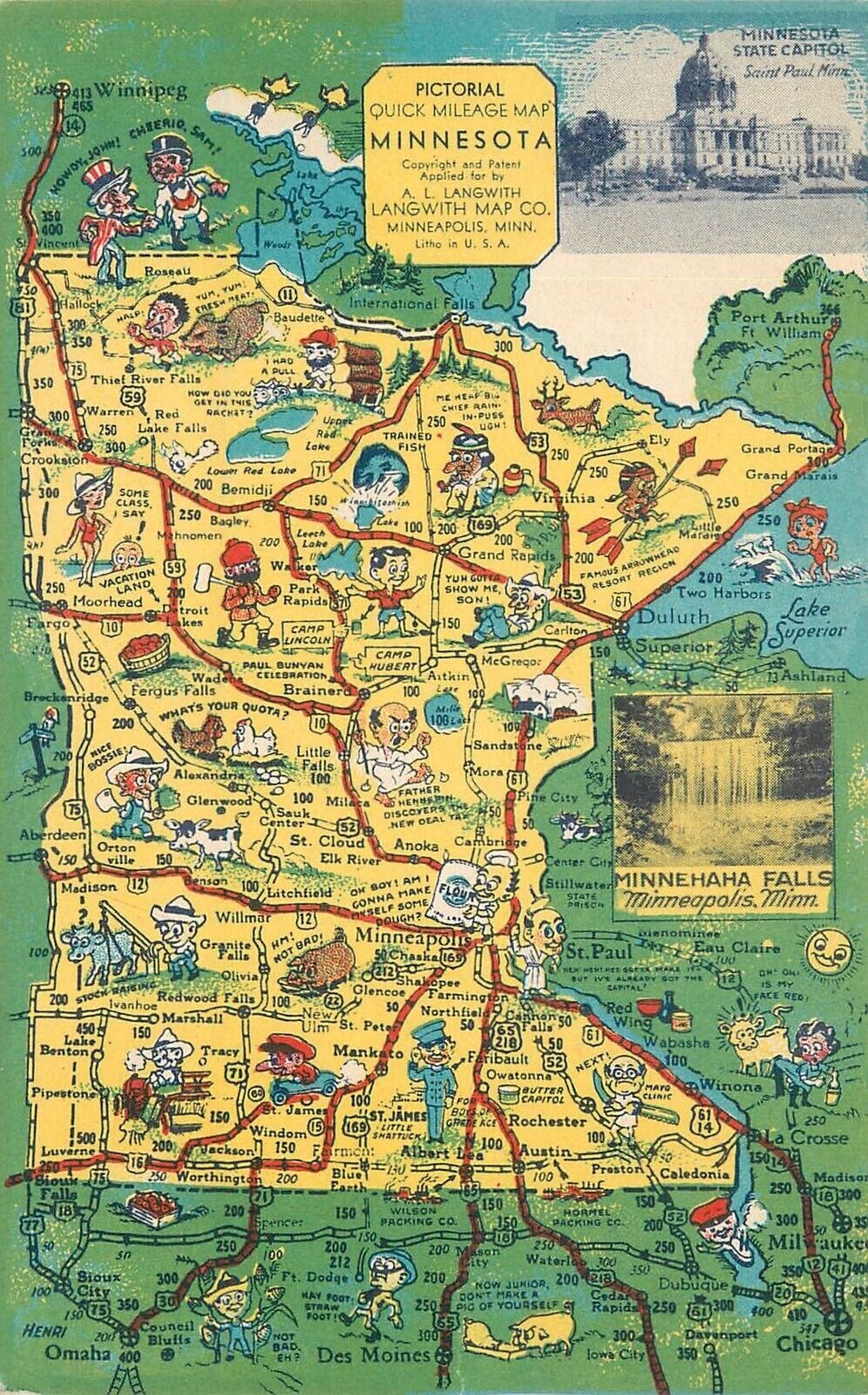 Postcard Minnesota 1930s map attractions mileage St Marie's Langwith 23 ...