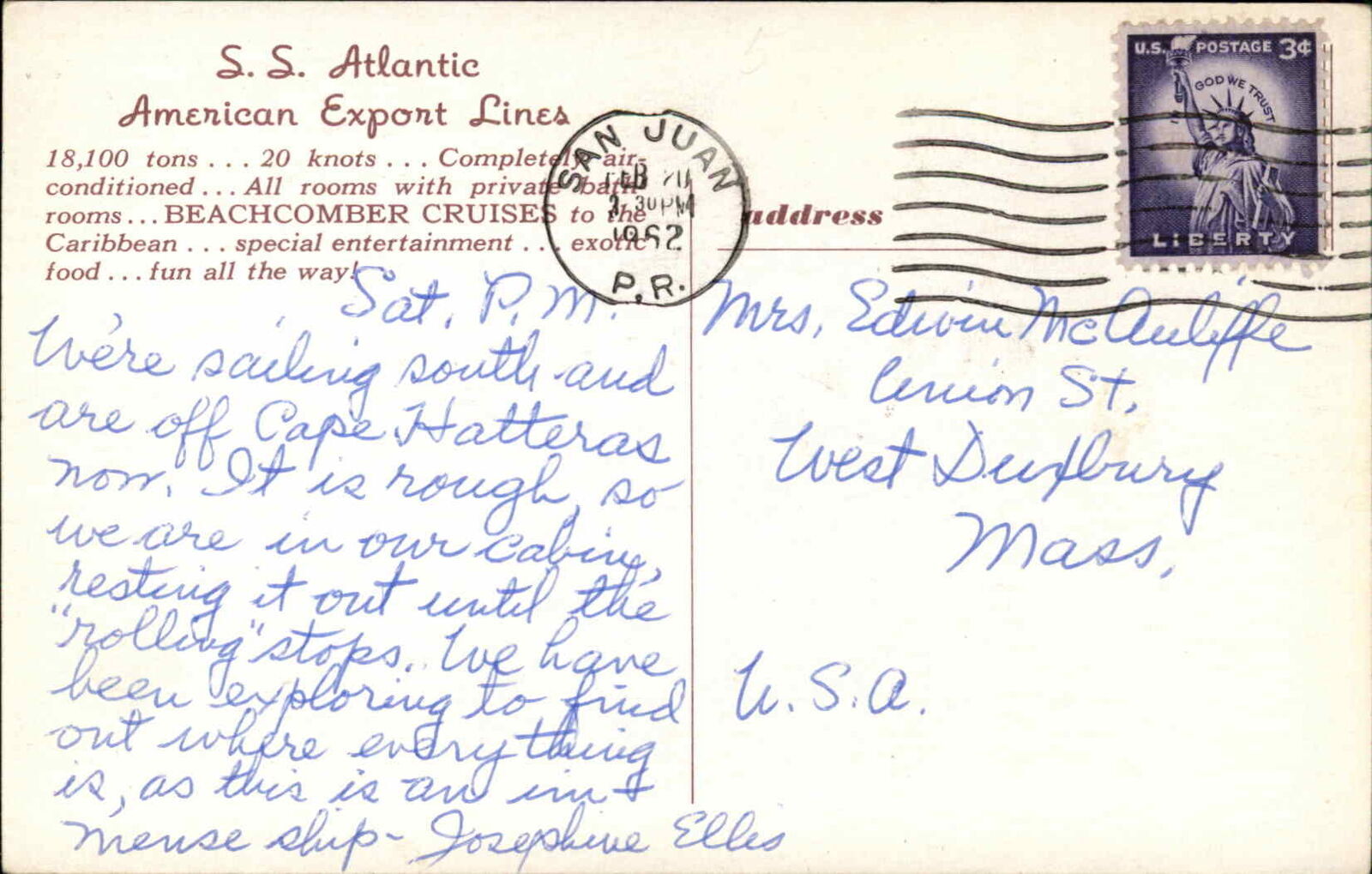 Steamship Ship SS ATLANTIC Cruise Passenger Message c1950s-60s Postcard ...
