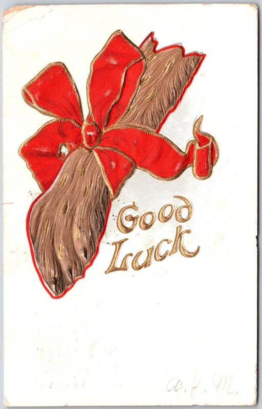 Good Luck, Long Brown Hair with Red Ribbon Ponytail, 1911 Greetings ...