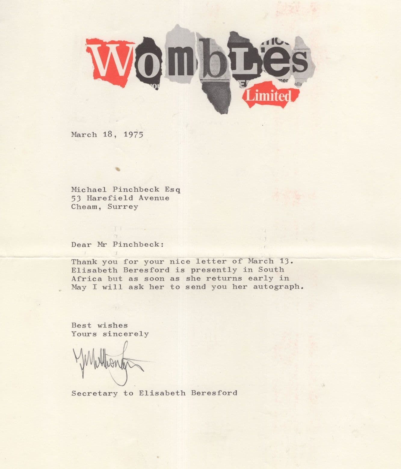 The Wombles Elizabeth Beresford Secretary 1970s Hand Signed Letter ...