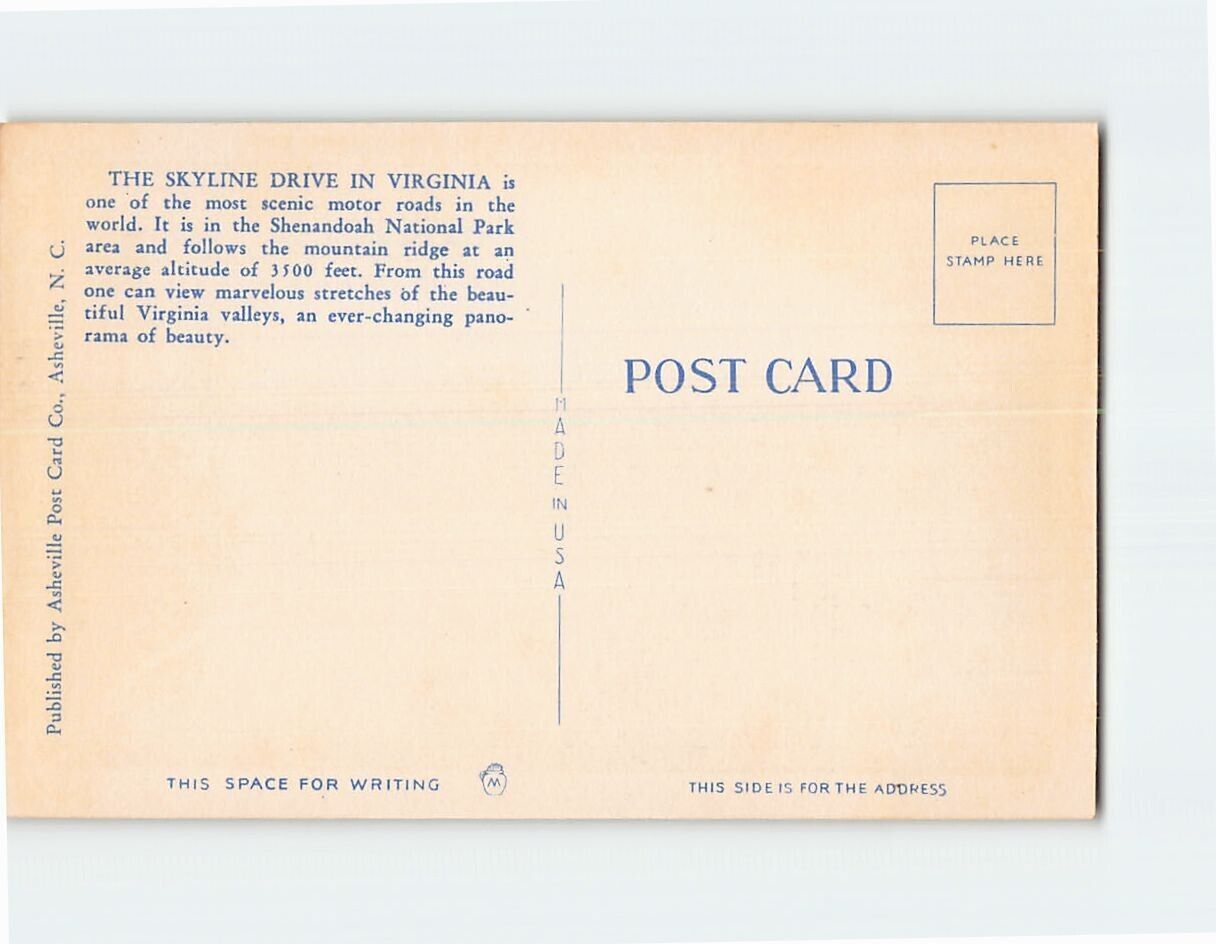 Postcard The Blue Ridge Mountains Of Virginia Showing Skyline Drive ...