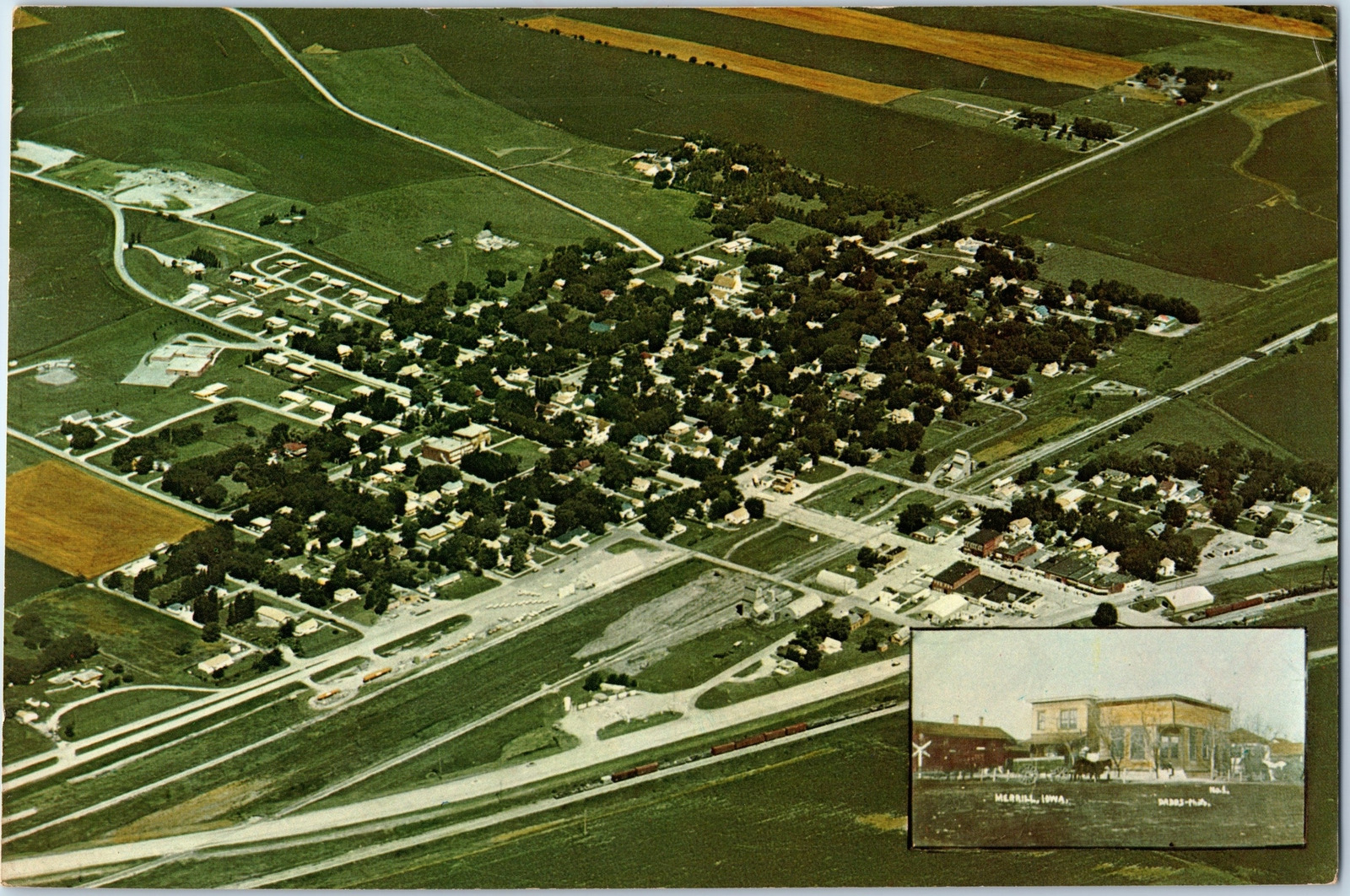 1972 Merrill, IA Birds Eye Town Aerial Downtown Scene Bank Railway ...