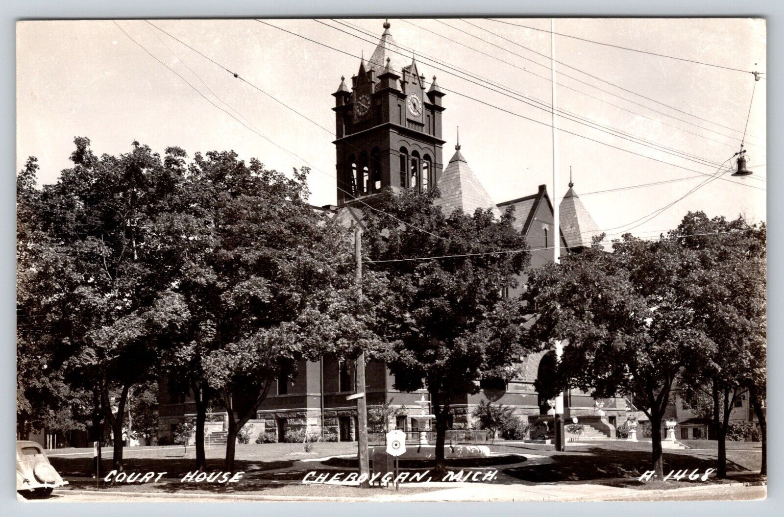 Cheboygan Michigan~10:21 AM on Courthouse Clocktower~Fountain RPPC 1950 ...