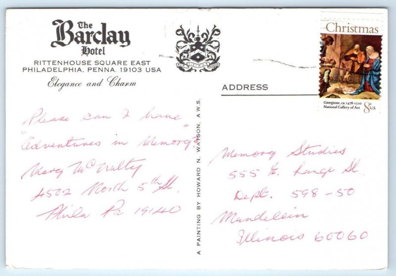 PHILADELPHIA, PA ~ Artist Howard Watson THE BARCLAY HOTEL 1972 ~ 4"x6 ...