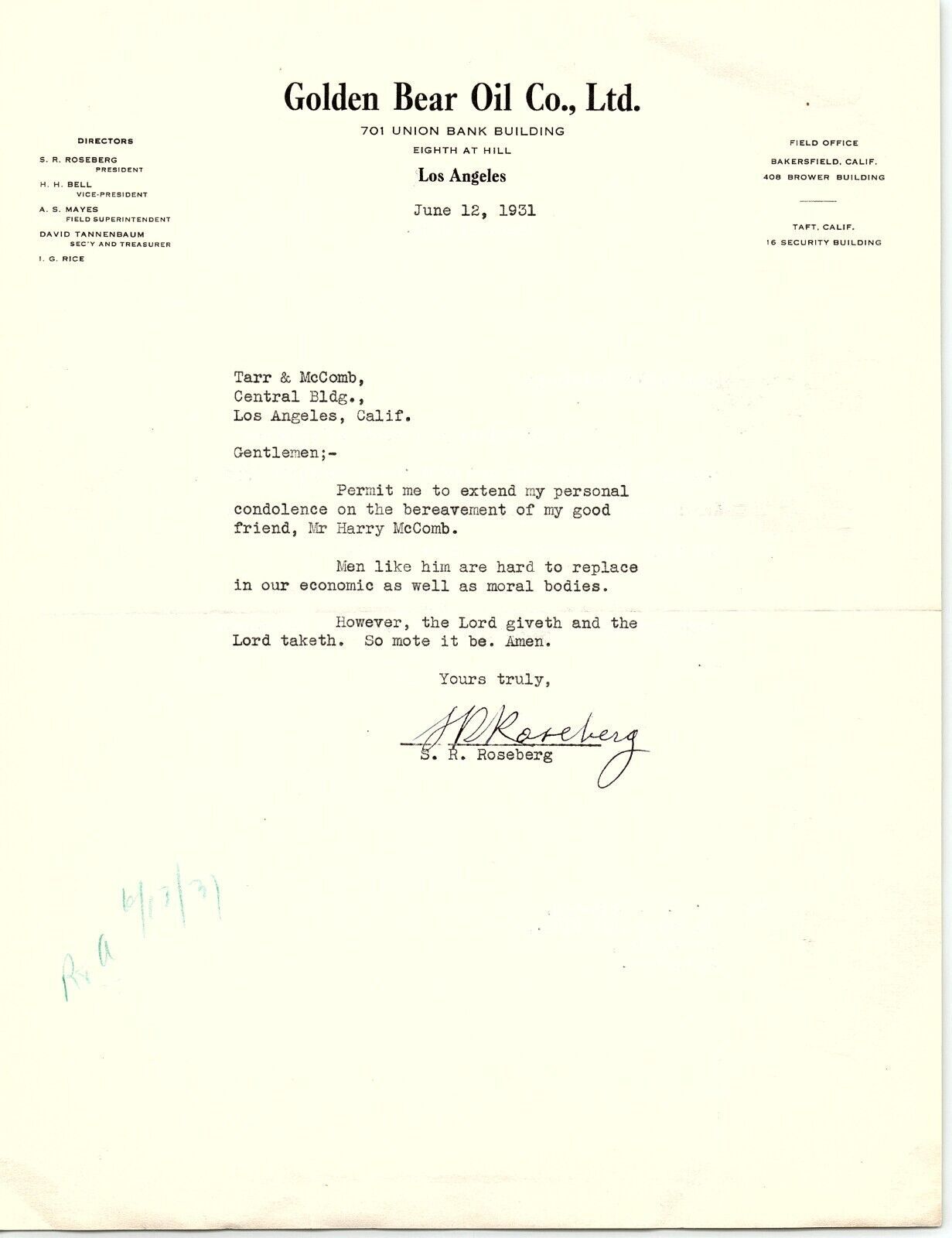 1931 Golden Bear OIL CO LOS Angeles CA S R Rosenberg Sympathy ...