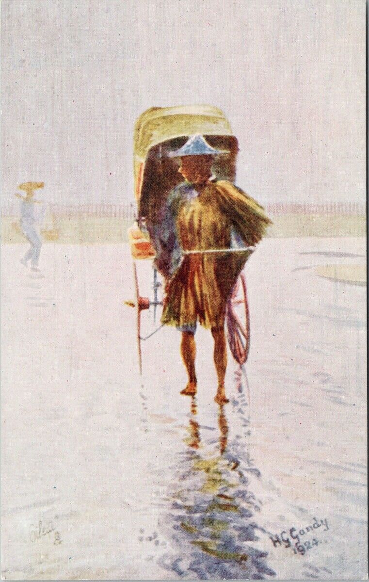Hong Kong China Rickshaw Coolie in Rain HG Gandy Unused TUCK Postcard ...