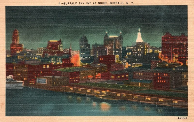 Buffalo NY-New York, View of Buffalo Skyline at Night Vintage Postcard ...