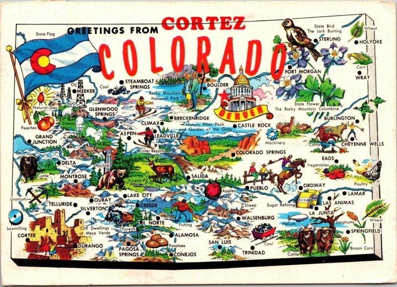 Greetings from Cortez Colorado Postcard Illustrated Map 75th Las Vegas ...