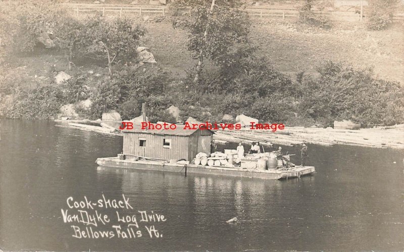 VT, Bellows Falls, Vermont, RPPC, Van Dyke Log Drive Cook Shack Barge ...
