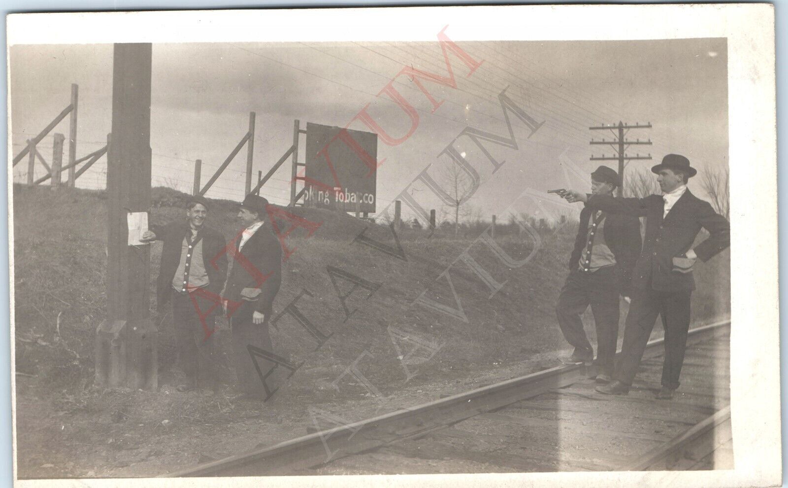 c1900s Man Shoot Gun Pistol RPPC Play Act Scene Mob Hitman Train Track ...