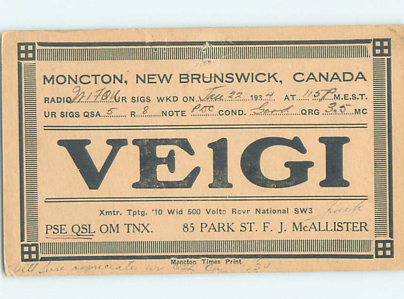 1930s QSL RADIO CARD Moncton New Brunswick NB AH3181 | Canada - New ...