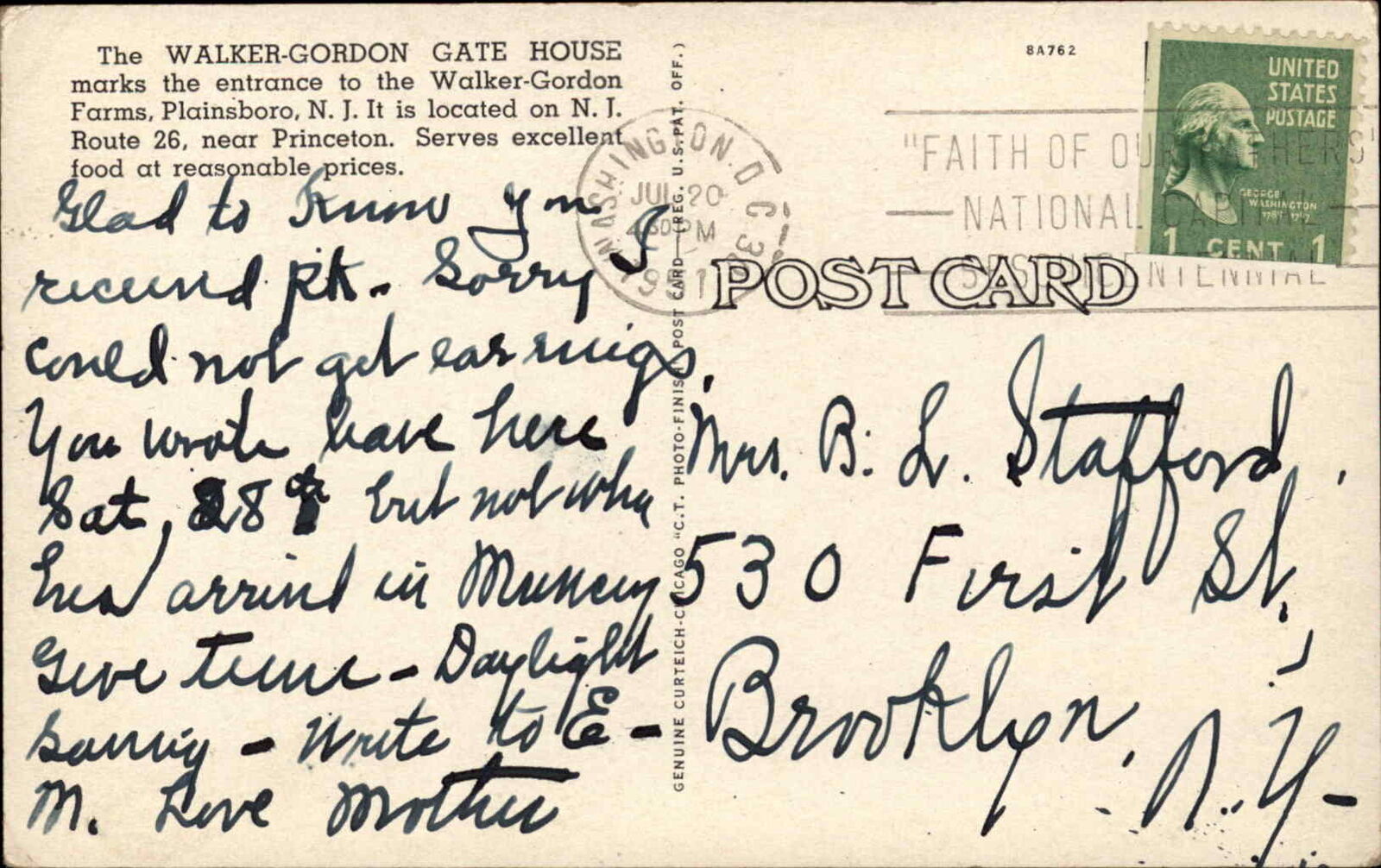 Princeton New Jersey NJ Walker-Gordon Gate House Vintage Postcard ...