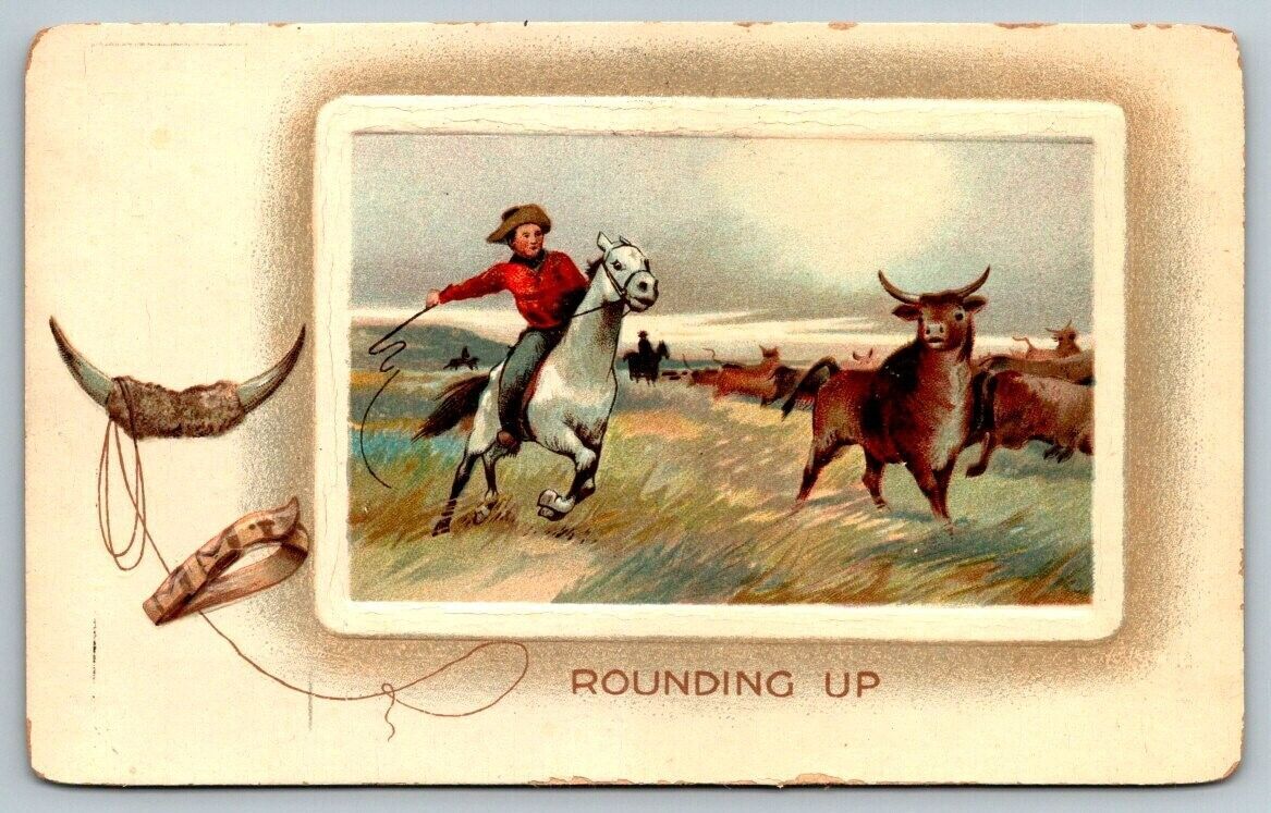 Cowboy Rounding Up Cattle Riding Horse Postcard c1915 | Other ...
