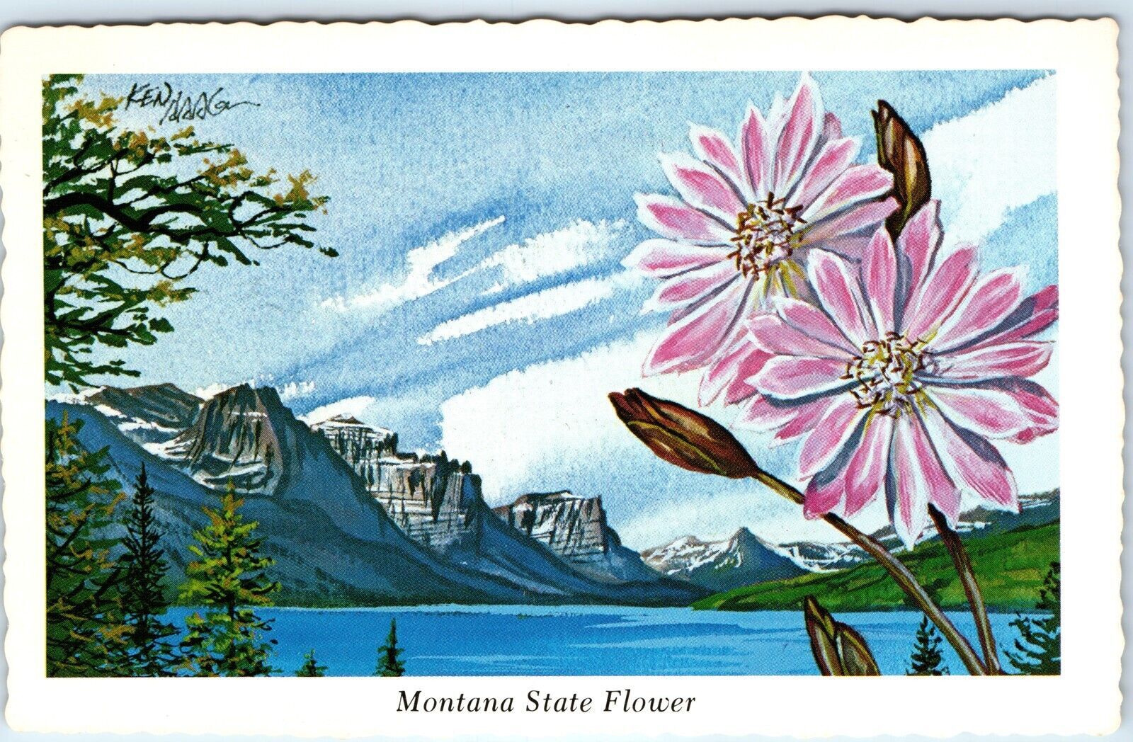 1973 MT Montana State Flower Bitterroot Mountain Lake Ken Haag Painting ...