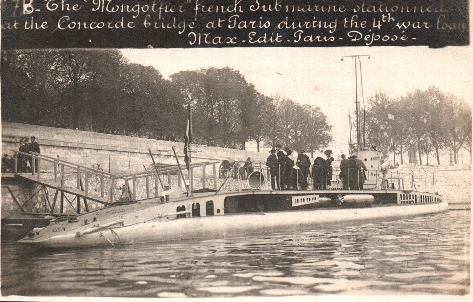 Postcard Royal Navy French submarine Montgolfier at Concorde Bridge ...