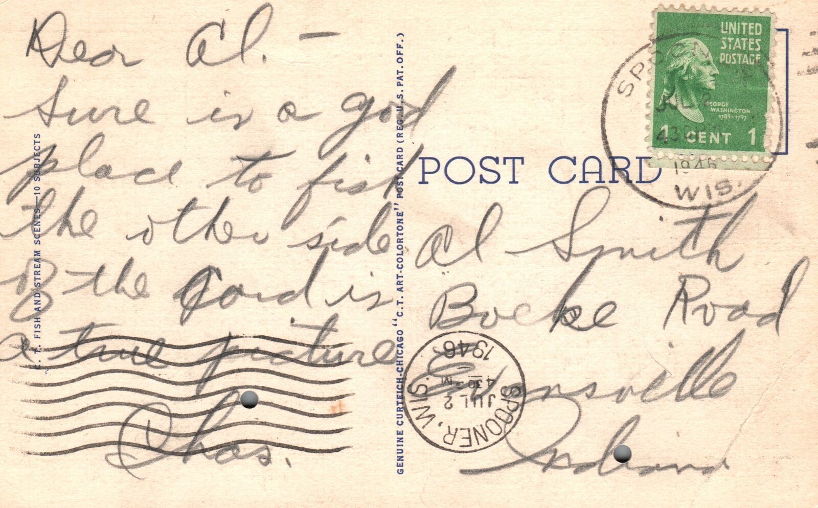 Vintage Postcard 1946 Fishes Catch Bag & Fishing Rod Spooner Wisconsin ...