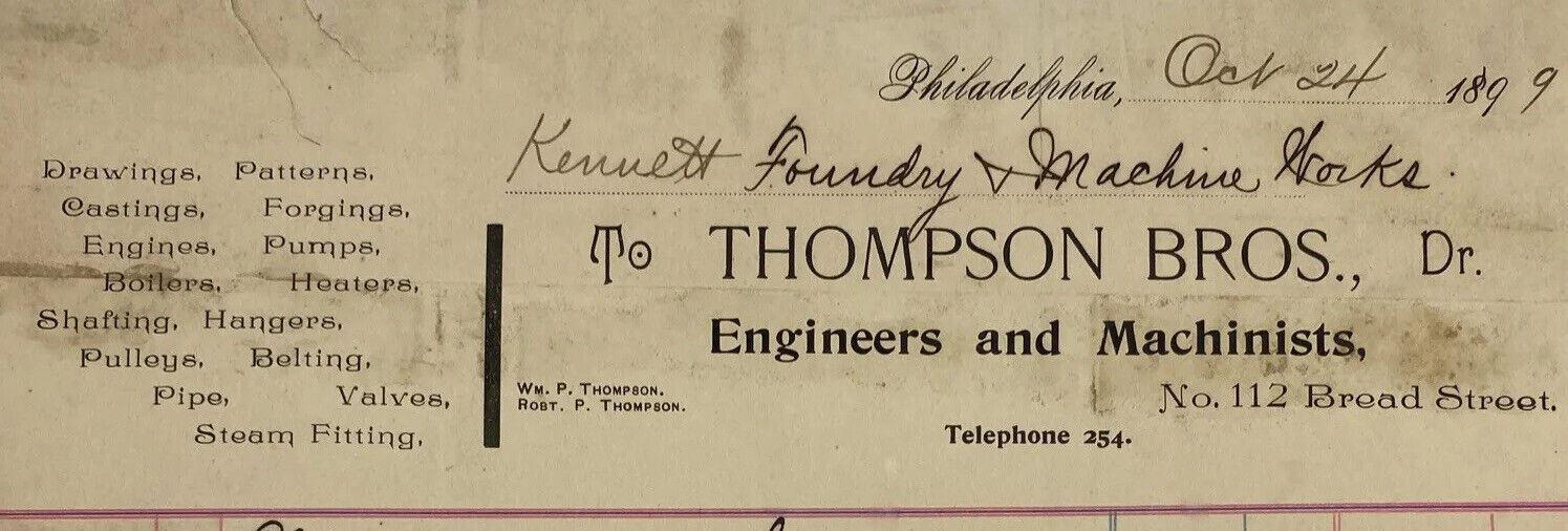 Antique Thompson Engineers Machinists Bill 1899 Philadelphia | Ephemera ...