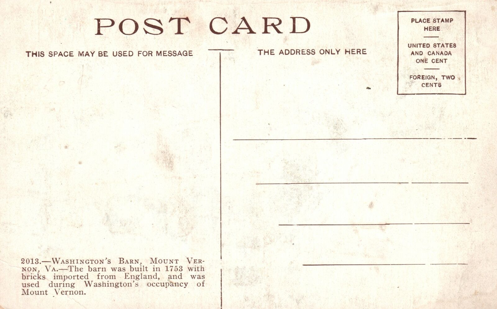 Vintage Postcard 1910's Washington's Barn Mount Vernon Va. Virginia ...