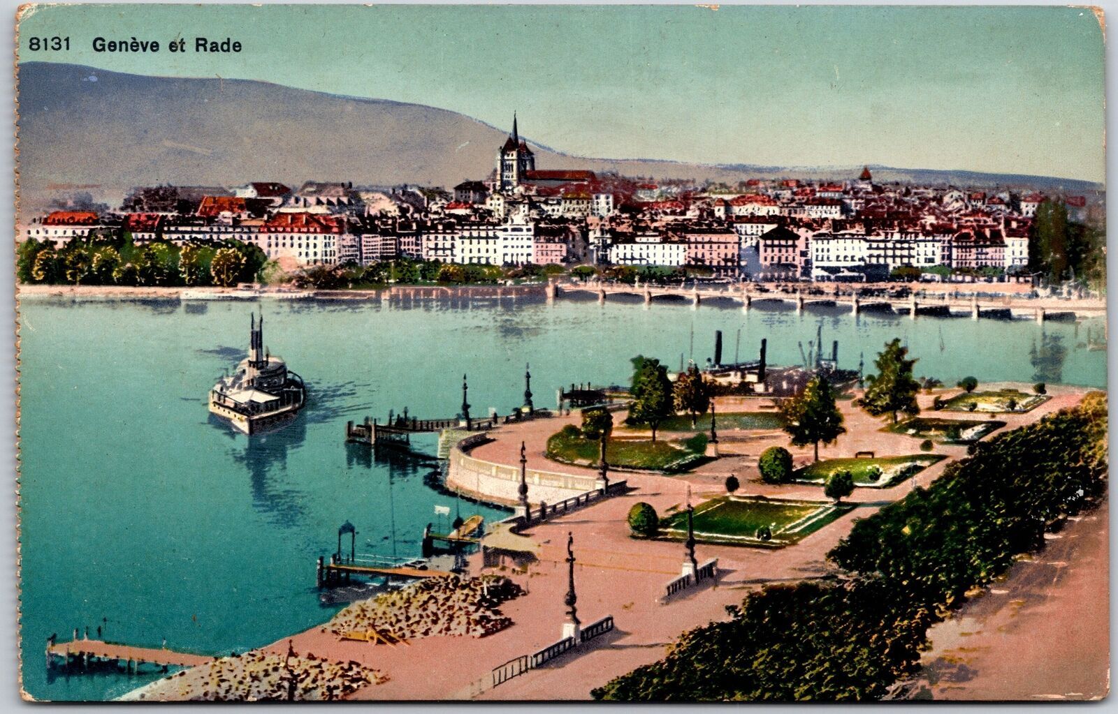 Geneve et Rade Switzerland Steamship Harbor Scene Buildings In Distance ...