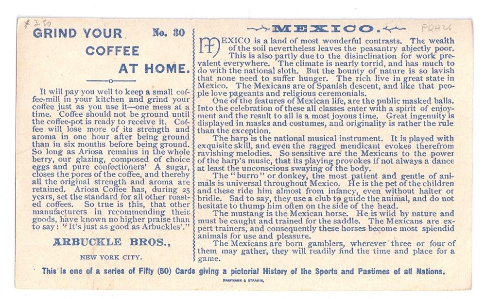 Arbuckle Coffee Trade Card 1893 Mexico Sports Pastimes # 30 | Ephemera ...