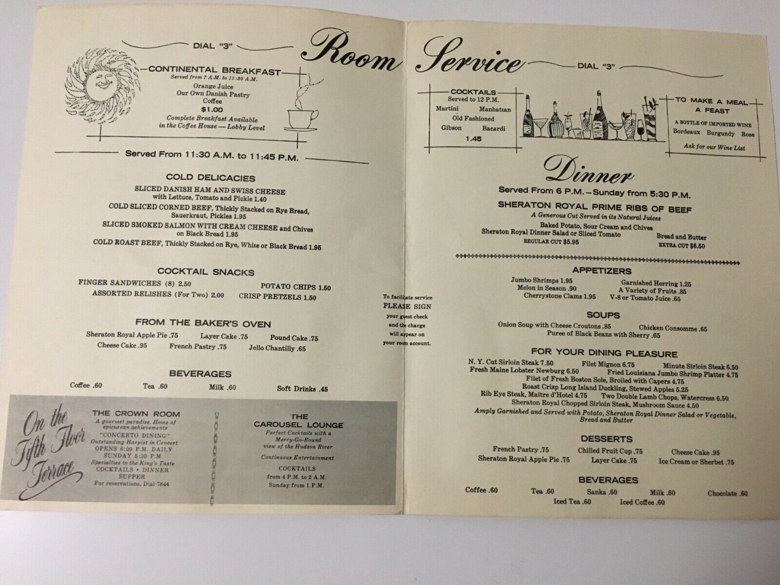 1960s Sheraton Motor Inn NYC Room Service Menu Crown Restaurant ...