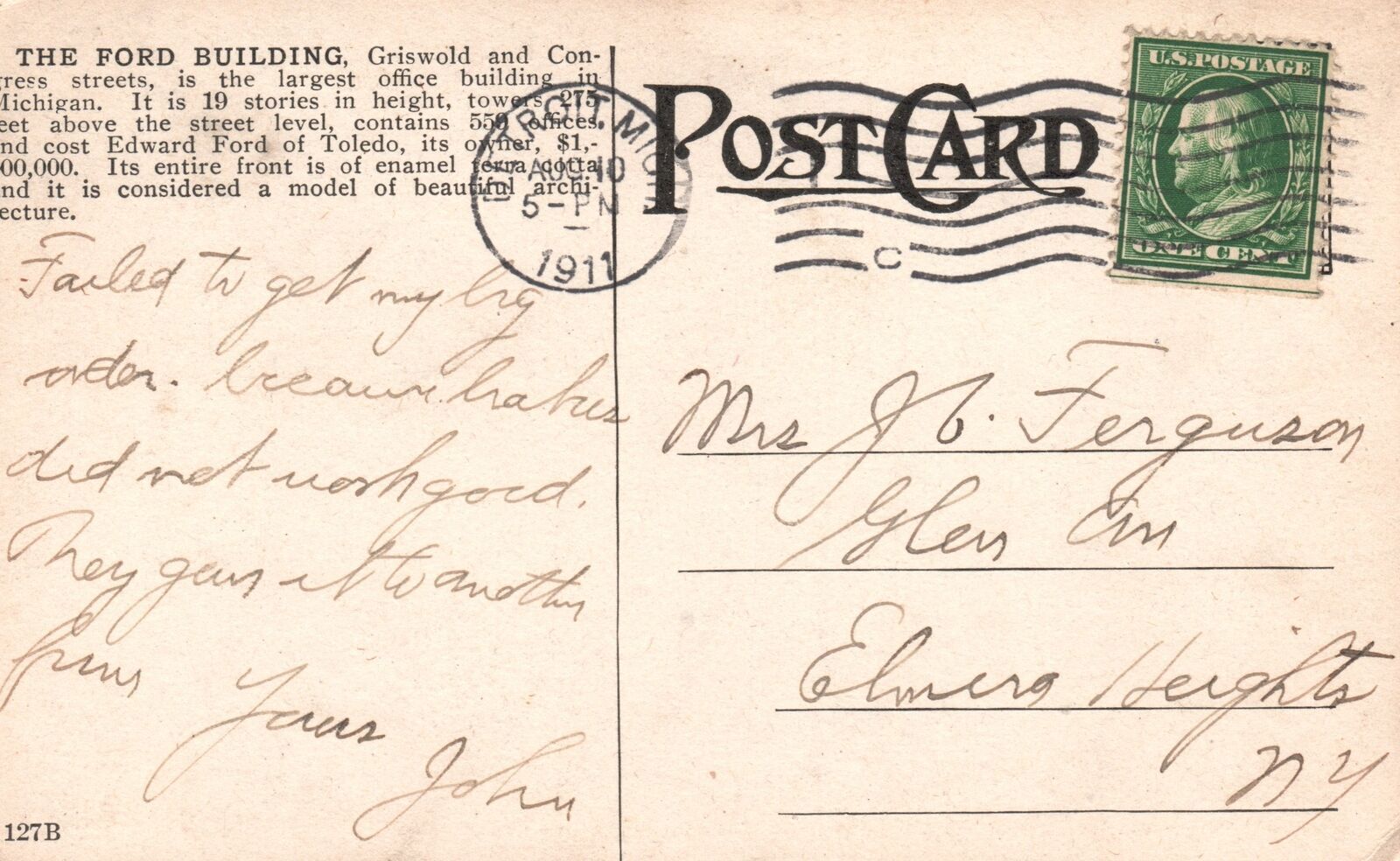 Vintage Postcard 1911 Ford Building Largest Office Structure Detroit ...